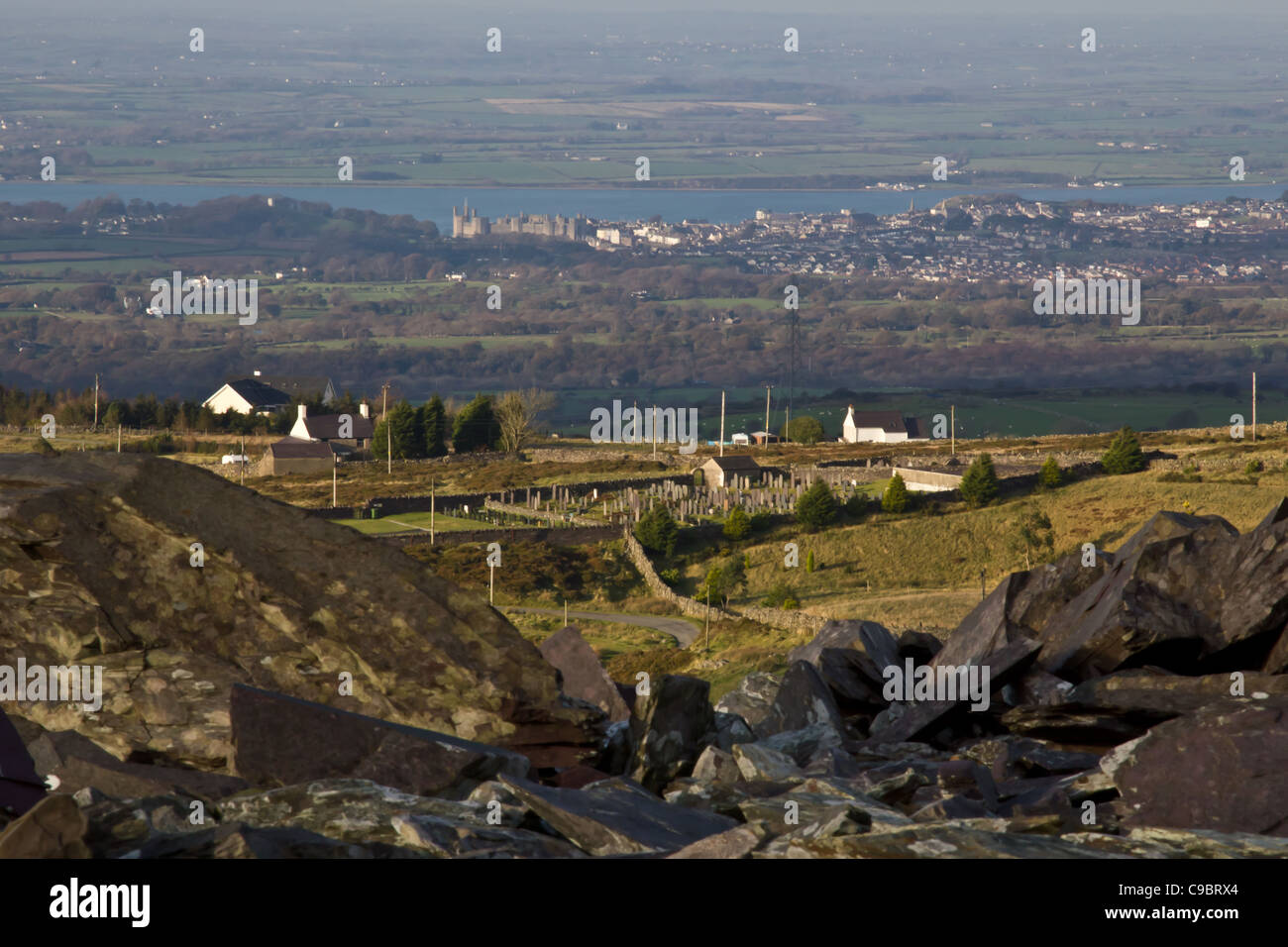 Looking down towards Caernarfon and the Menai Straits from the Moel ...