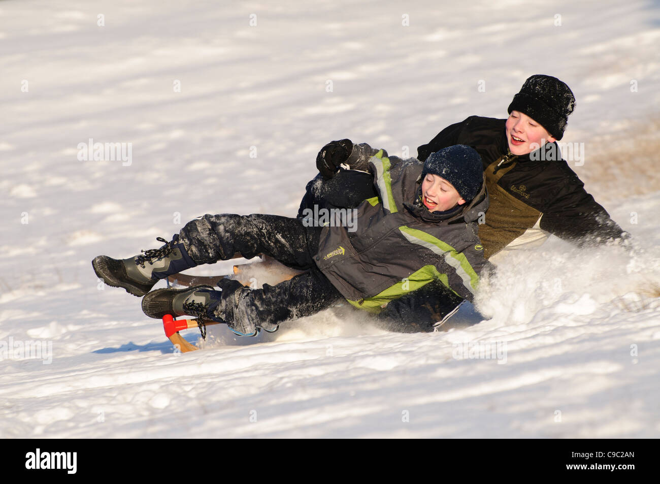 Two boys gliding fast off a hill with a sleigh and falling in the snow ...