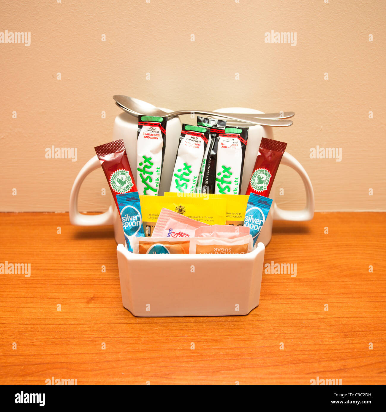 Complimentary tea, coffee, milk and sugar in a UK budget hotel Stock ...