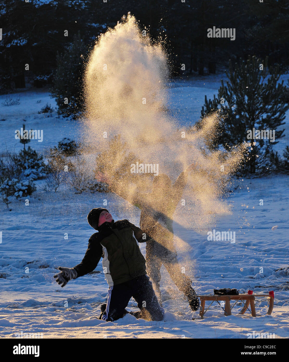 Boy playing and throwing snow in the air Stock Photo - Alamy