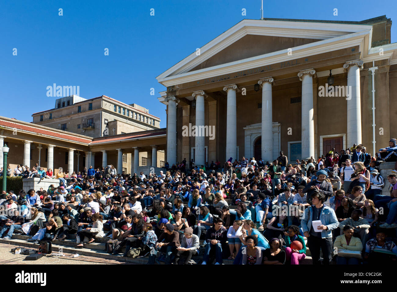 Students gathering on the stairs of the University of Cape Town campus ...