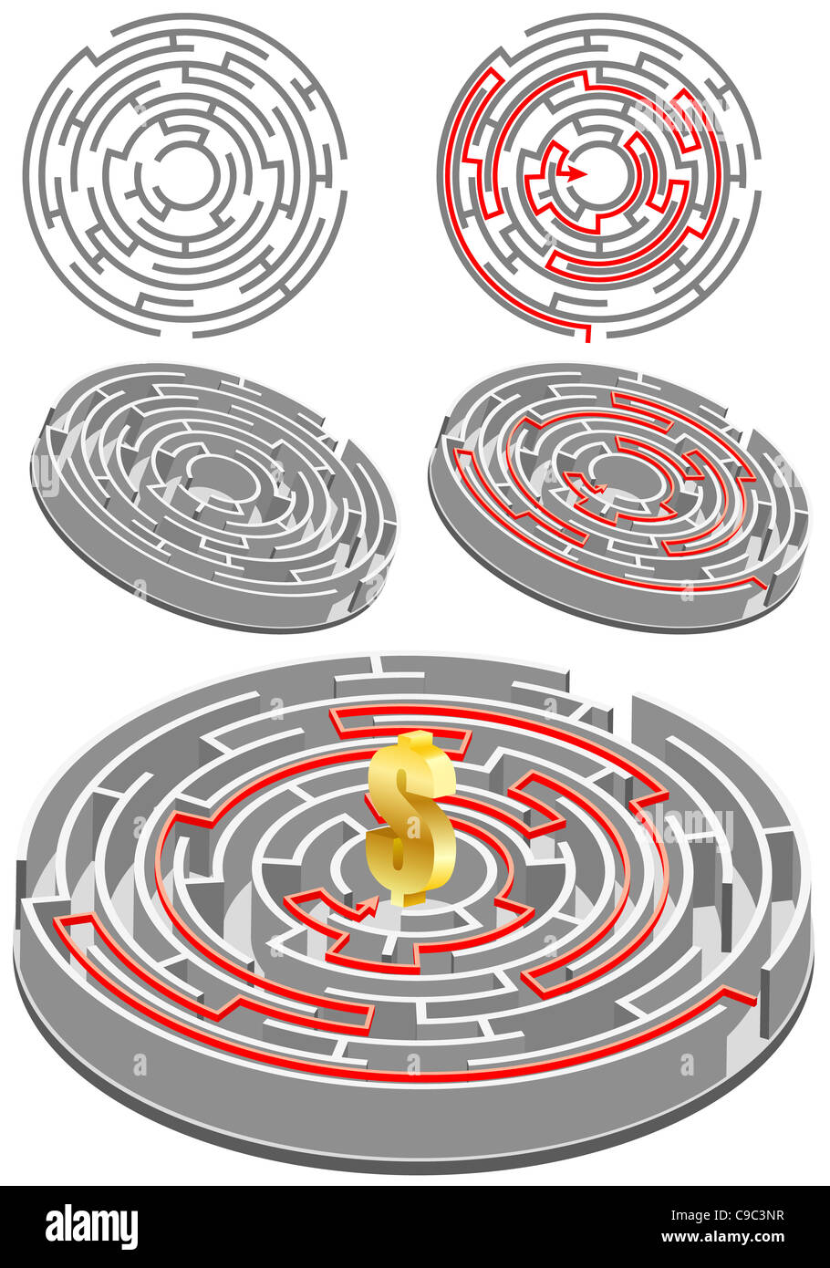 Set of circular Labyrinth with the solution, all the elements on ...