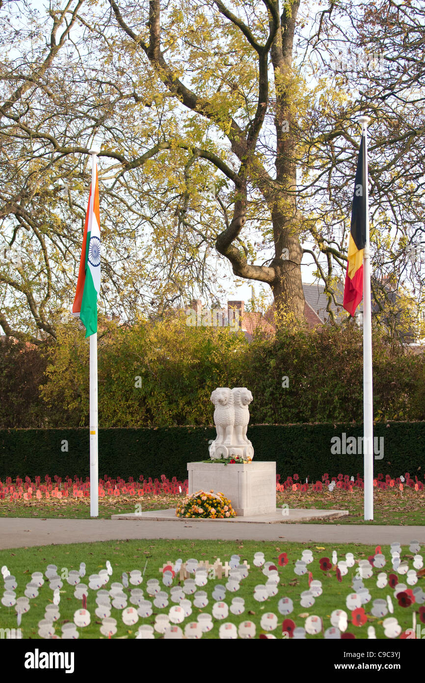 The Indian monument related to World War I in Ypres, surrounded with ...