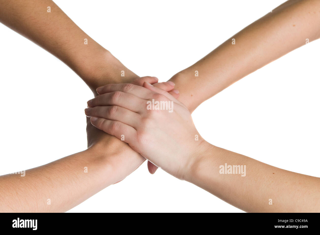 four hands isolated on white background Stock Photo - Alamy
