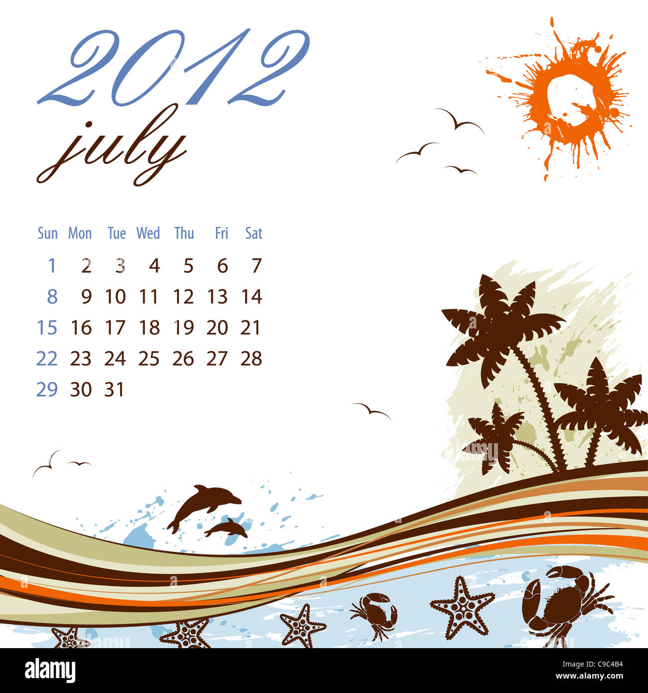 Calendar for 2012 July with Palm tree and Dolphin, vector illustration ...