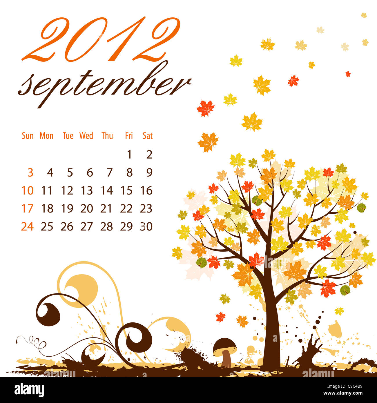 Calendar for 2012 September with Tree and Mushroom, vector illustration ...