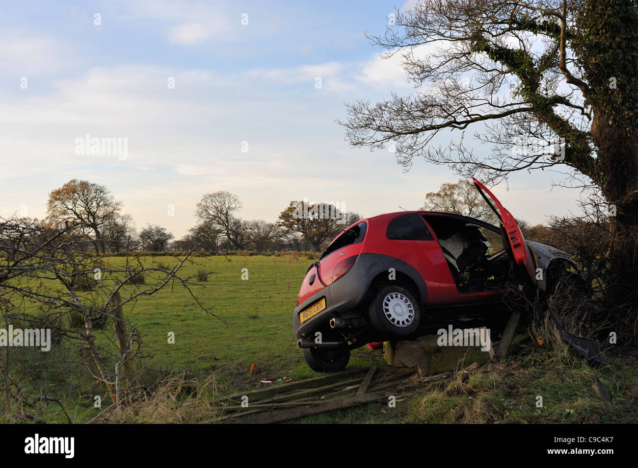 car involved in a road traffic accident after leaving the road and ...