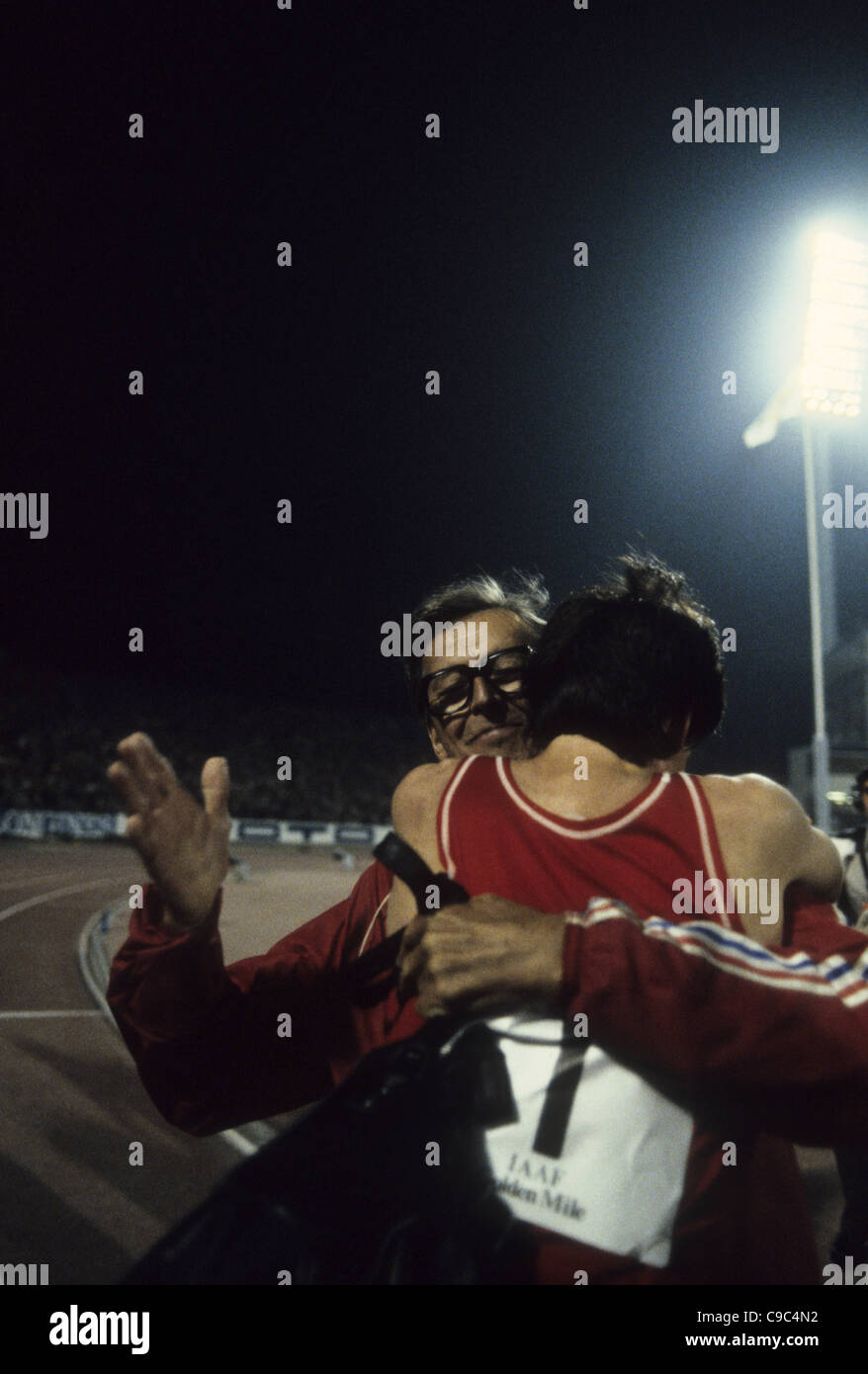 Seb Coe get a hug from his father Peter after breaking the world record ...