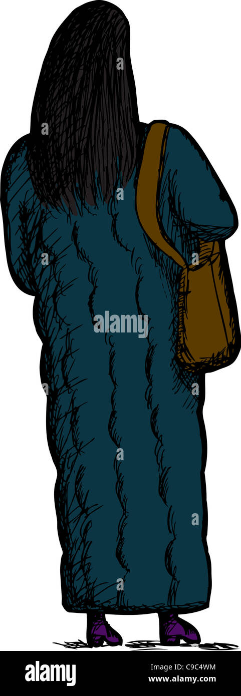 Rear-view of woman in long winter coat with purse Stock Photo - Alamy