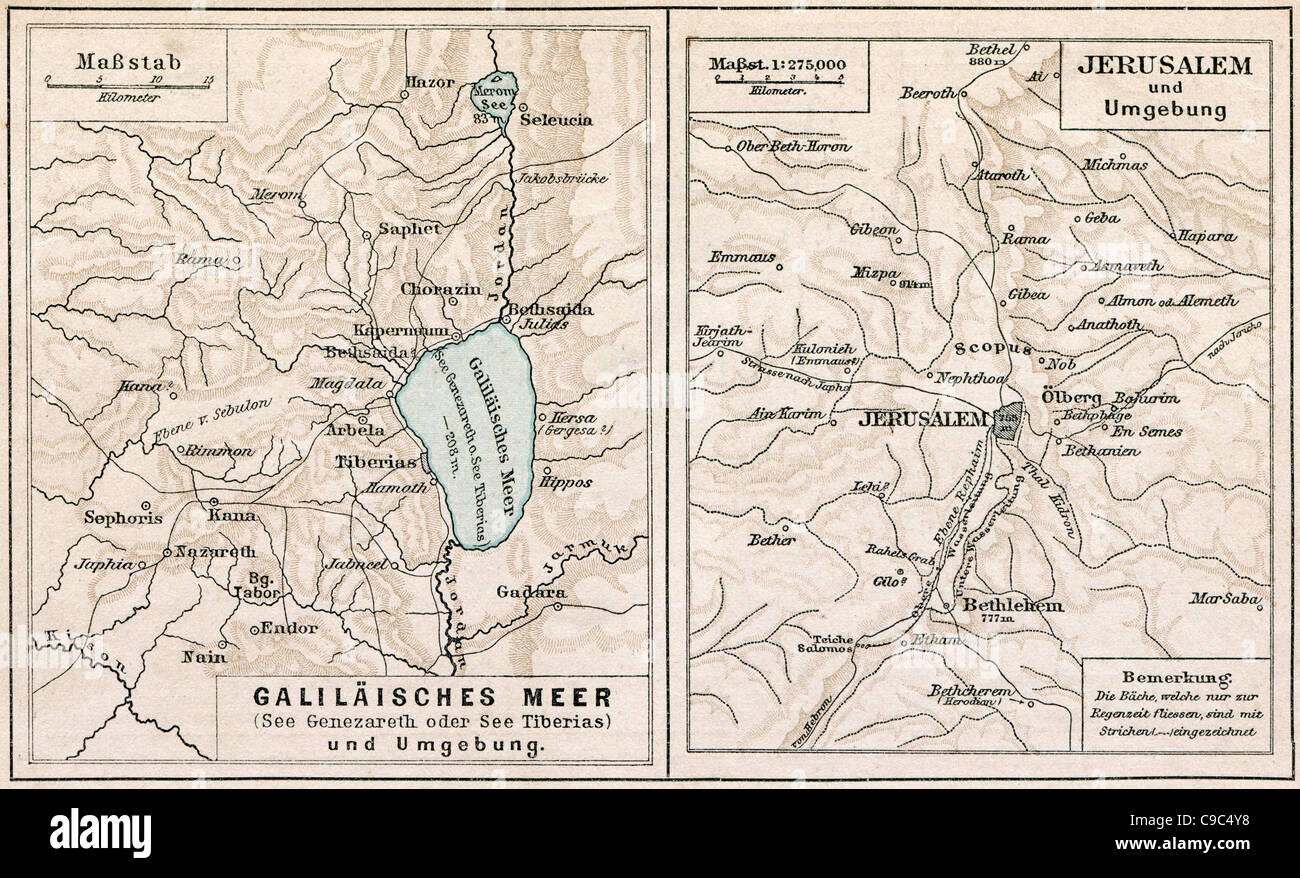 Map of Sea of Galilee and Jerusalem, with the surroundings. The Bible ...