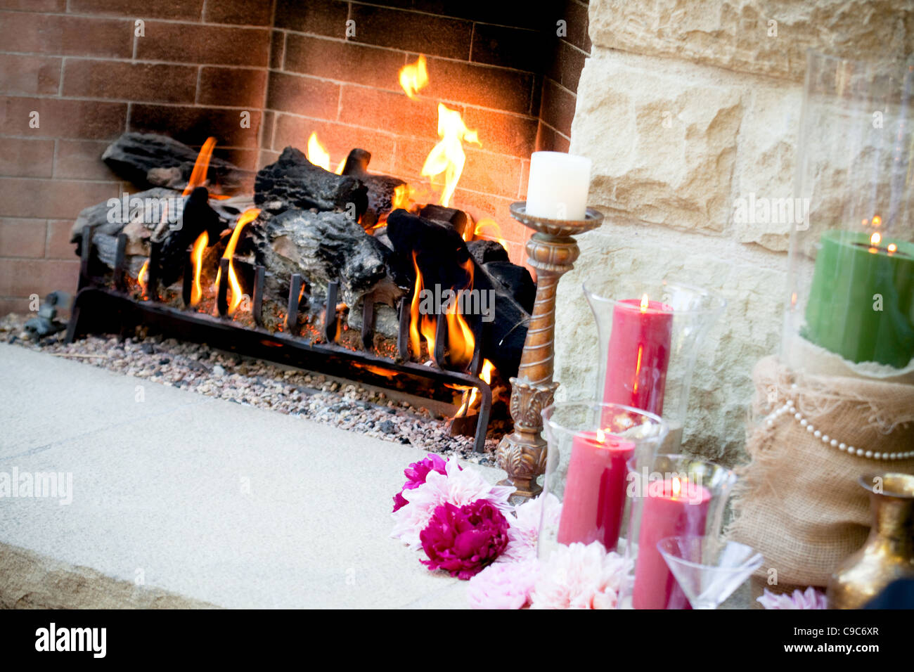 fireplace, warm, pink, green, candles, fire, daylight, wood burning ...