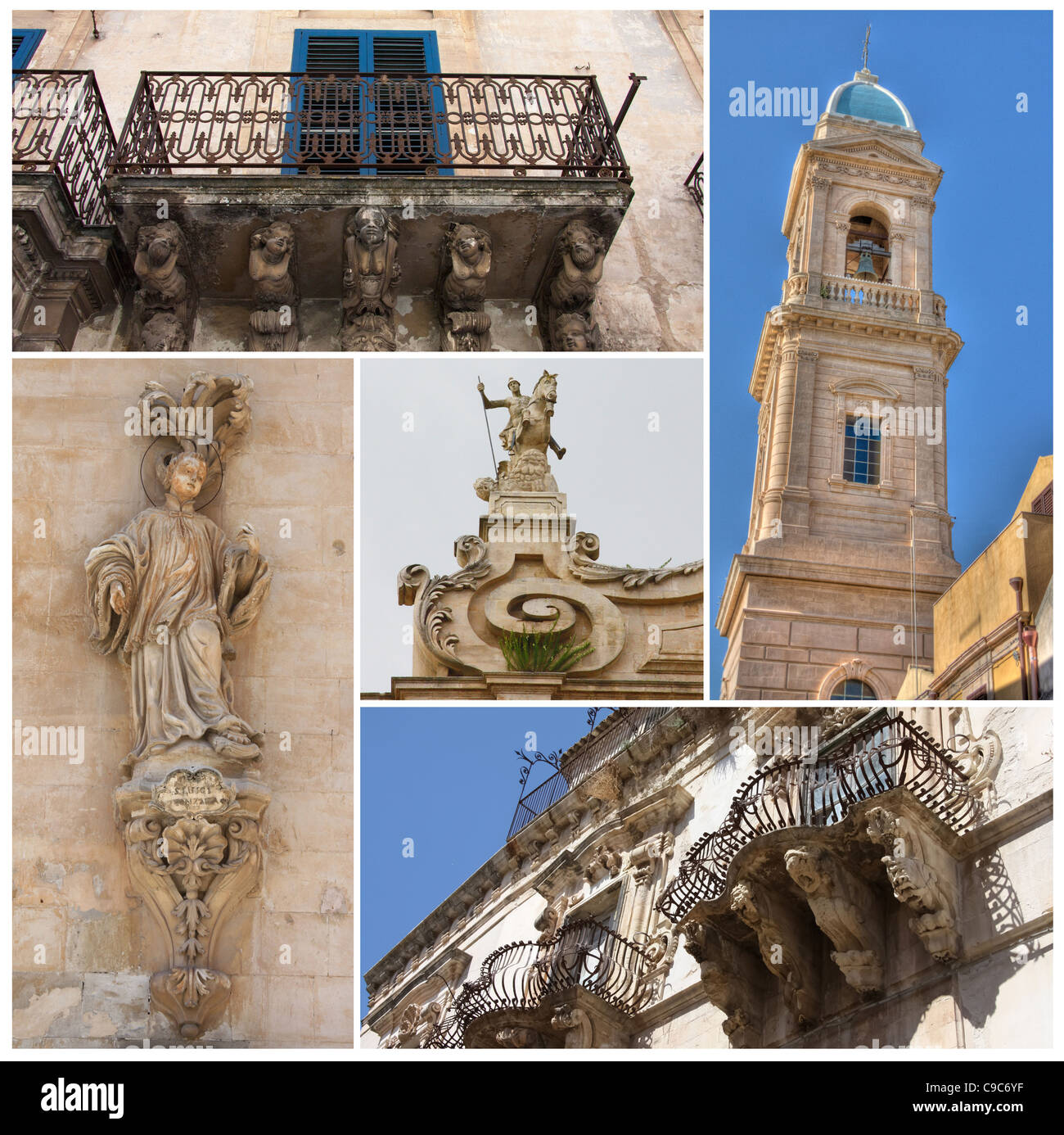 A Collage of Sicily with church, balconies and statues Stock Photo - Alamy