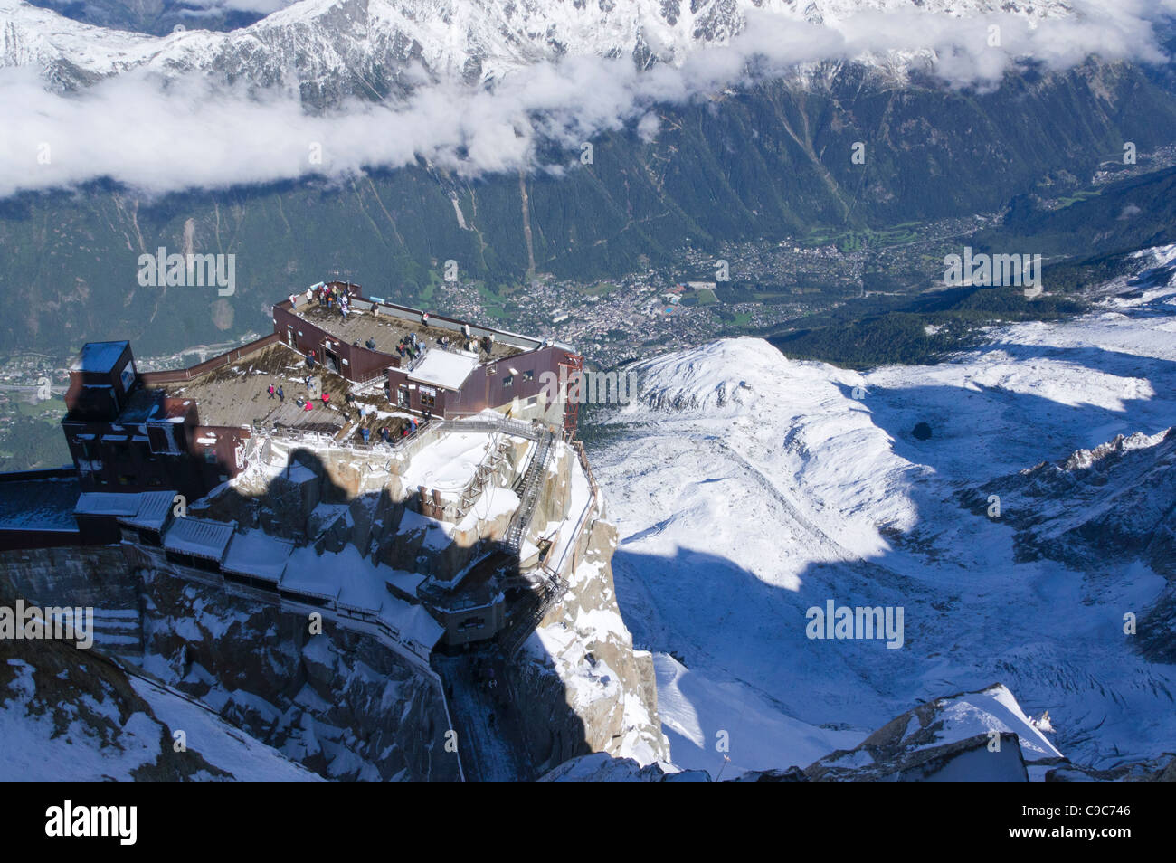 Looking down onto the Aiguille du Midi (3824m) summit cable car station ...
