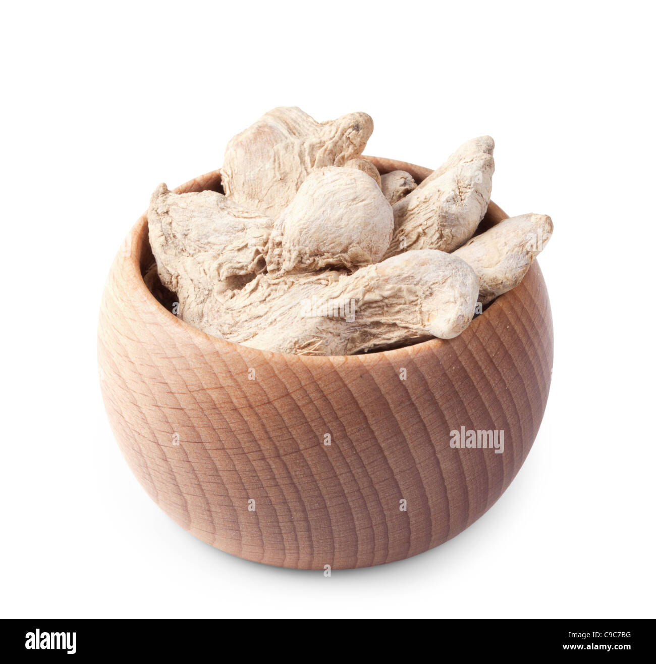 Wooden bowl full of dry ginger isolated on white background Stock Photo ...