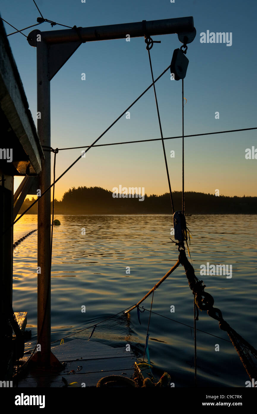A detail shot of a reefnet salmon boat during a beautiful sunrise in ...
