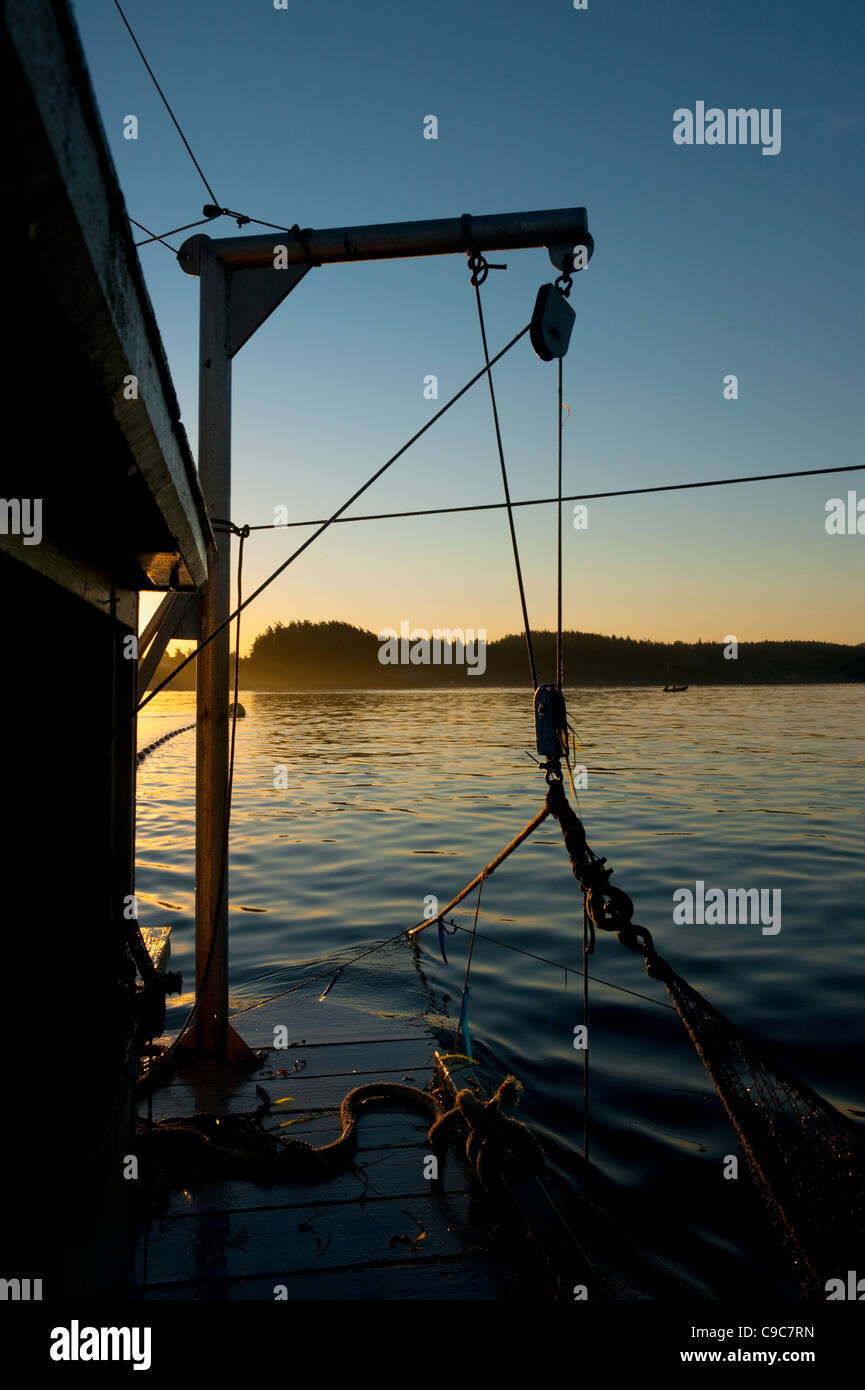 A detail shot of a reefnet salmon boat during a beautiful sunrise in ...