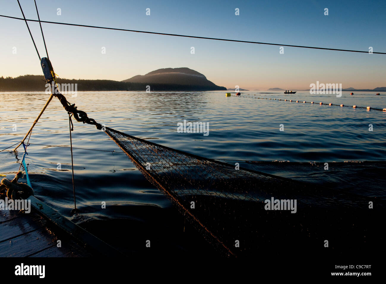 A detail shot of a reefnet salmon boat during a beautiful sunrise in ...