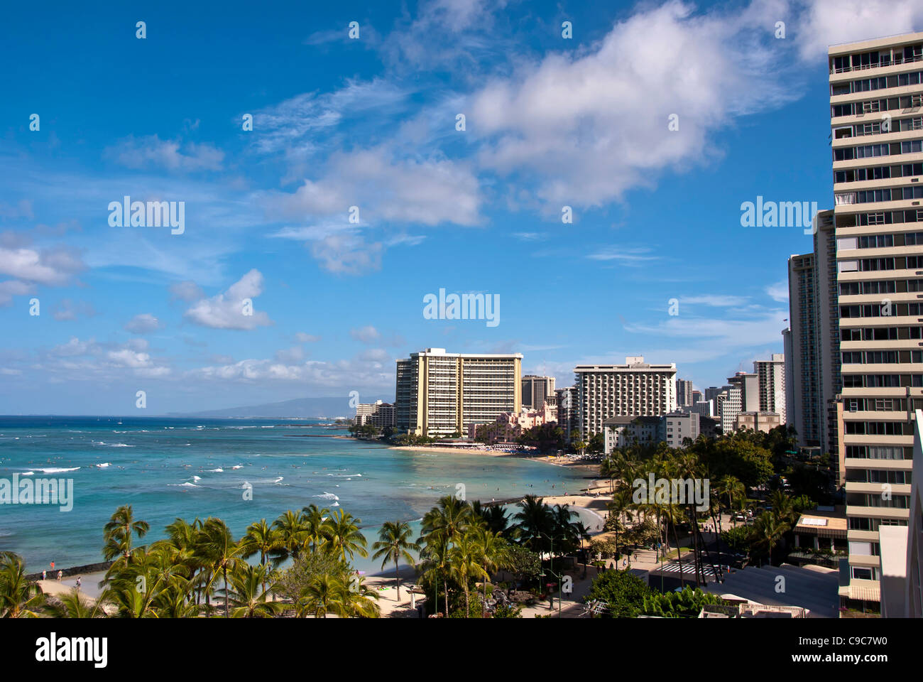 Waikiki Beach overview showing beachfront hotels Stock Photo - Alamy