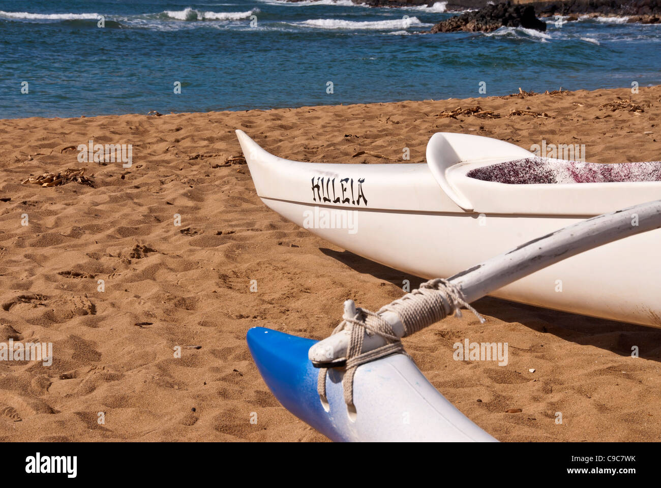 Outrigger canoe on the beach, Kauai Hawaii Stock Photo - Alamy