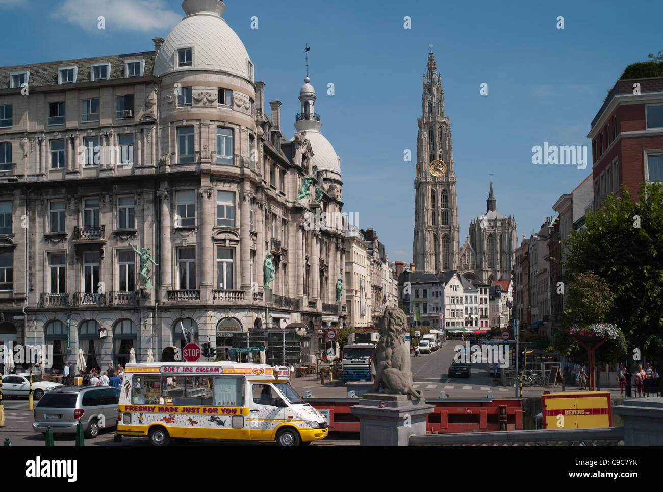 The Cathedral of Our Lady as seen looking up Suikerrui in Antwerp ...