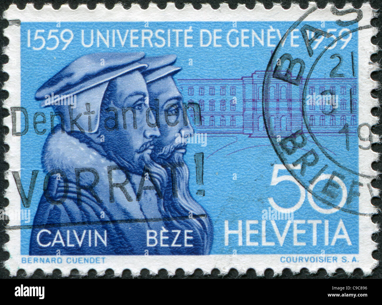 SWITZERLAND 1959: A stamp printed in Switzerland, depicts Jean Calvin ...