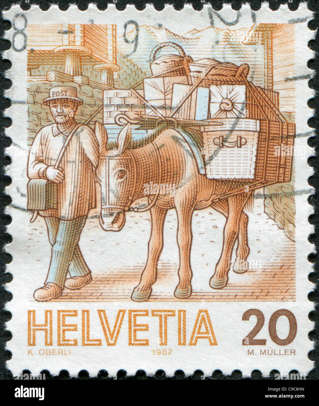 SWITZERLAND 1987: A stamp printed in Switzerland, shows Mule post Stock ...