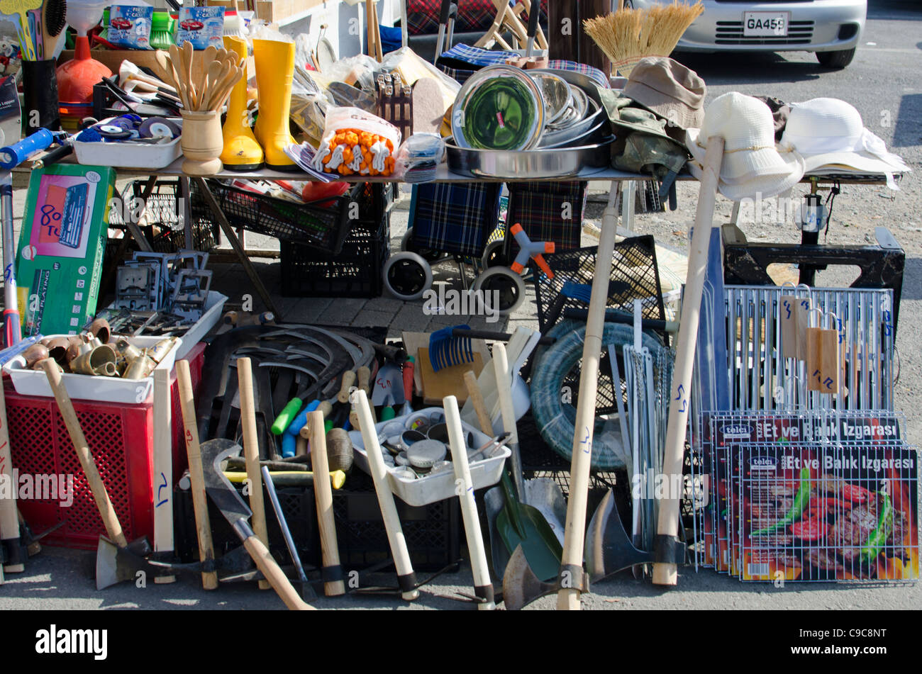 Hardware stall on an open market in North Cyprus selling a range of ...