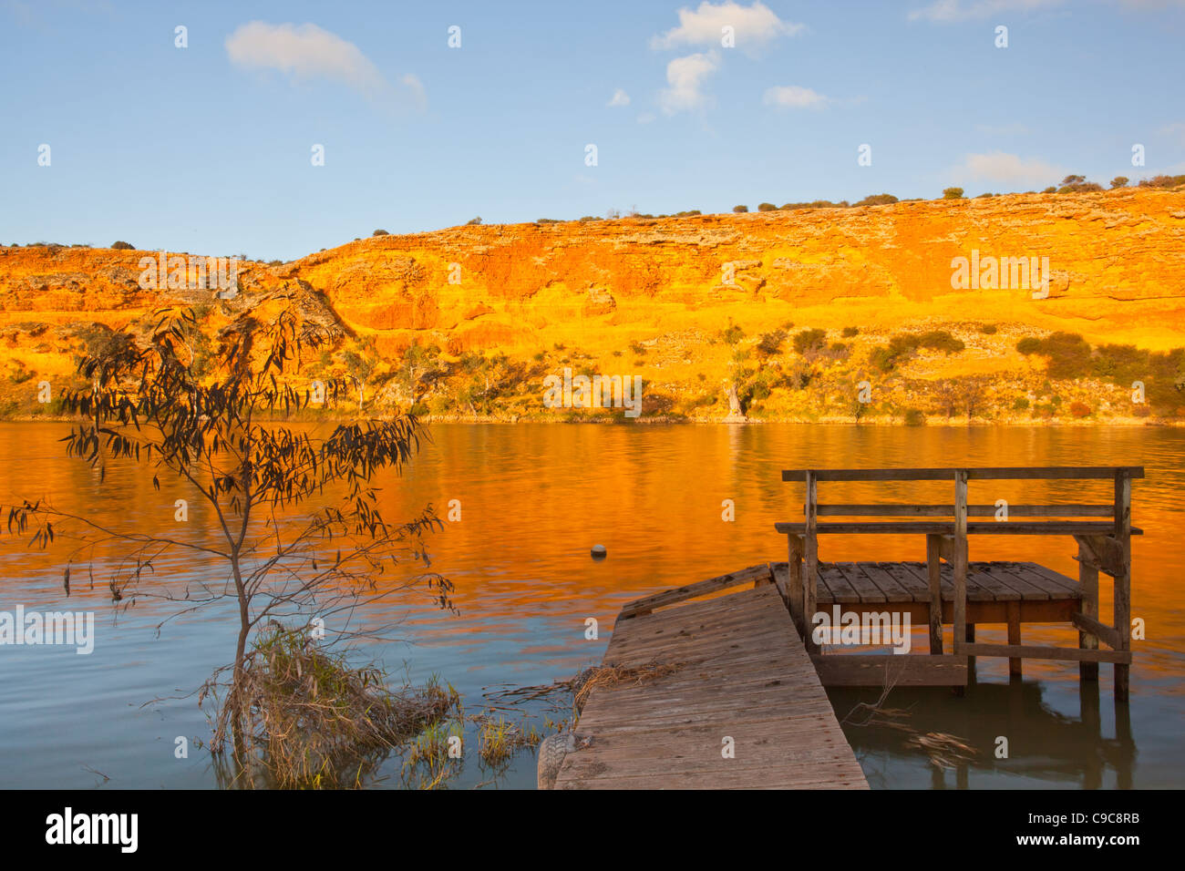 Late afternoon sun on the golden cliffs on the Murray River at Walker ...