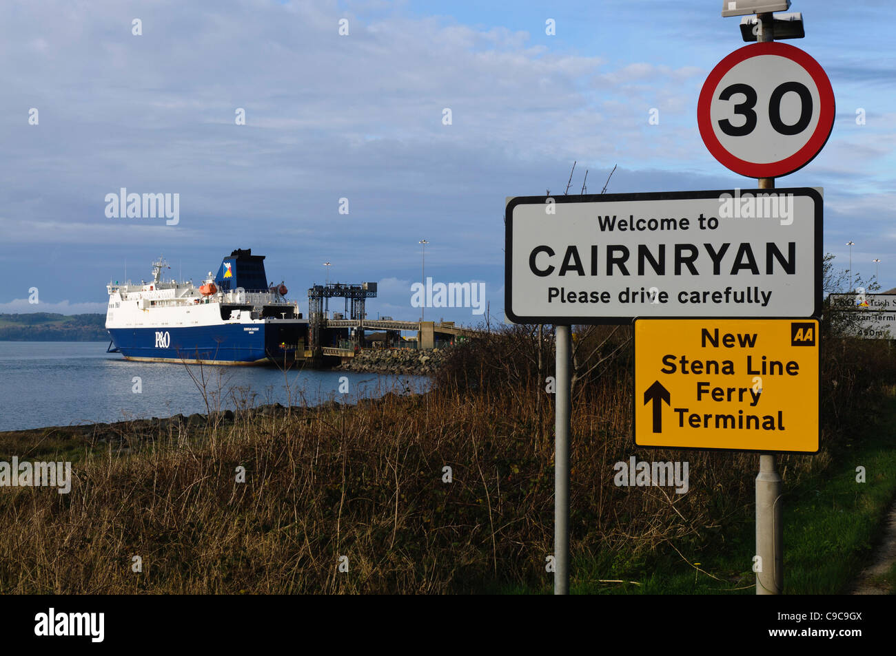 CAIRNRYAN, 21/11/2011 - Cairnryan road sign with AA sign to new Stena ...