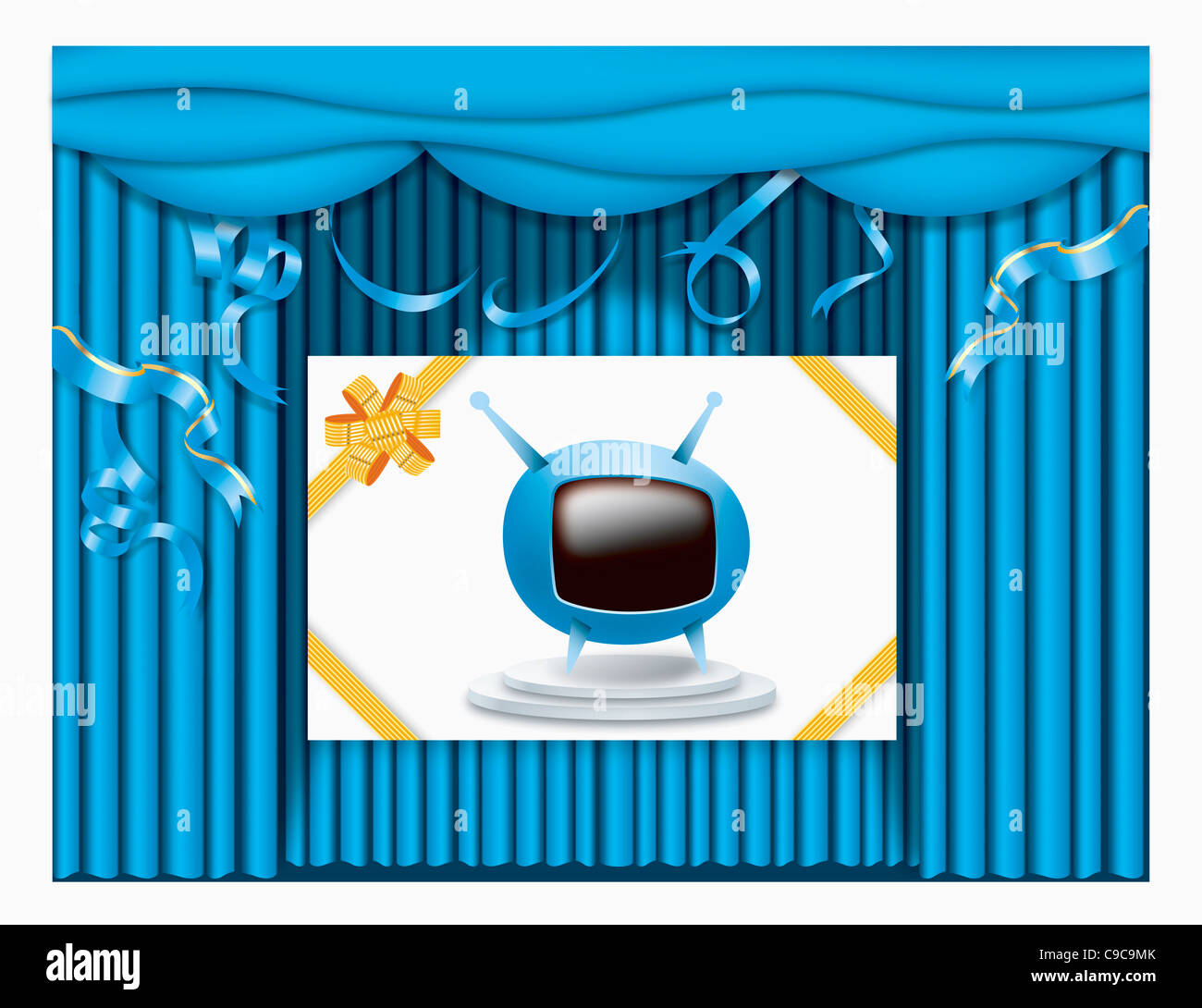Postcard with blue television on blue stage Stock Photo - Alamy