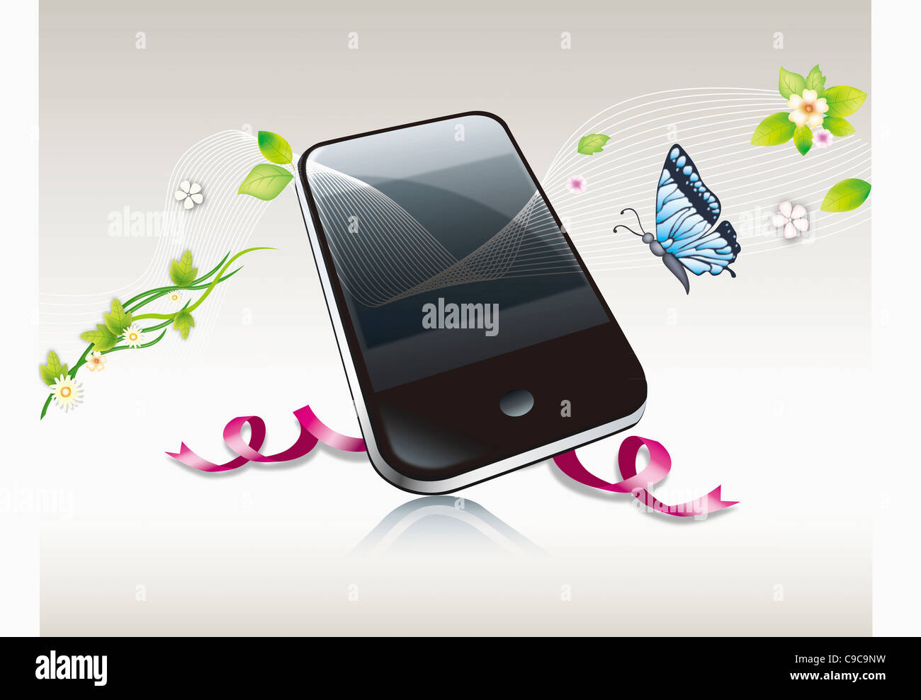 Smart phone with flowers and a blue butterfly Stock Photo - Alamy