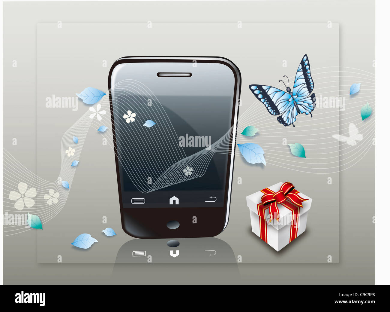 Smart phone with blue leaves and a blue butterfly Stock Photo - Alamy