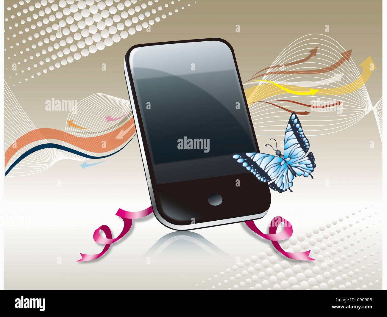 Smart phone with arrows and a blue butterfly Stock Photo - Alamy
