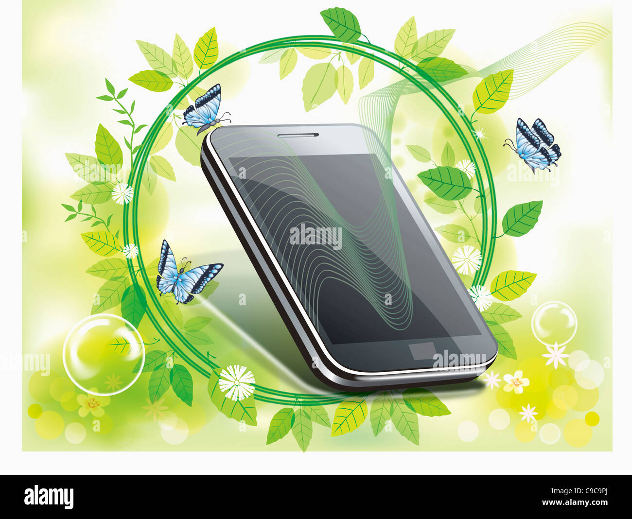 Smart phone with green leaves and blue butterflies Stock Photo - Alamy