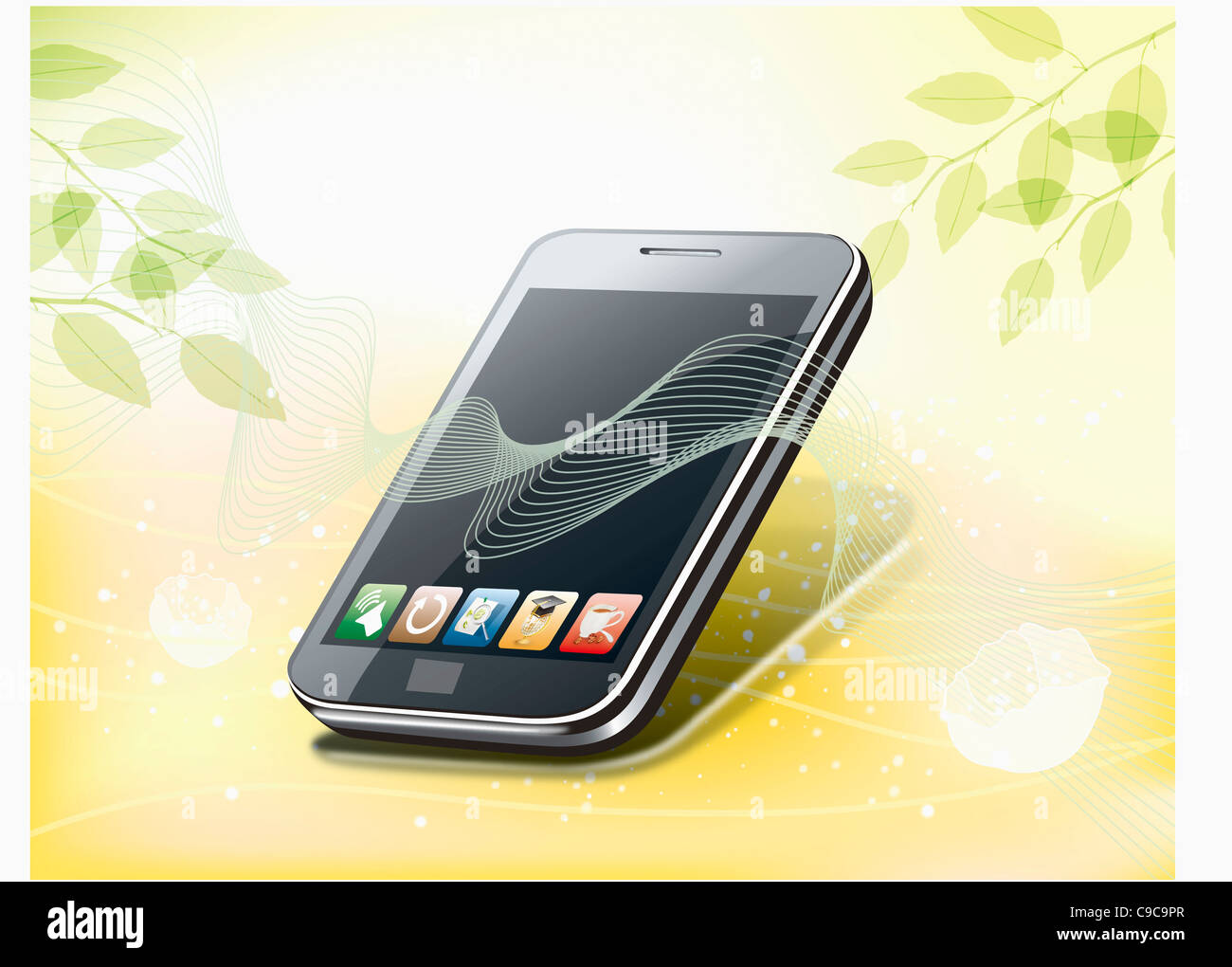 Smart phone with various application icons and leaves Stock Photo - Alamy