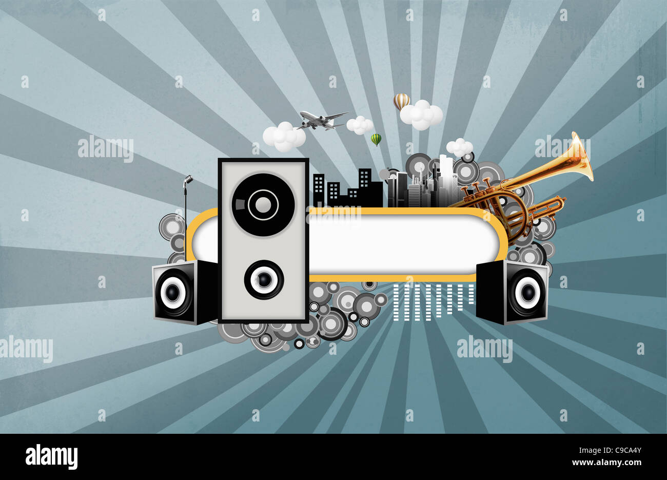 Various musical icons with speakers and a saxophone Stock Photo - Alamy