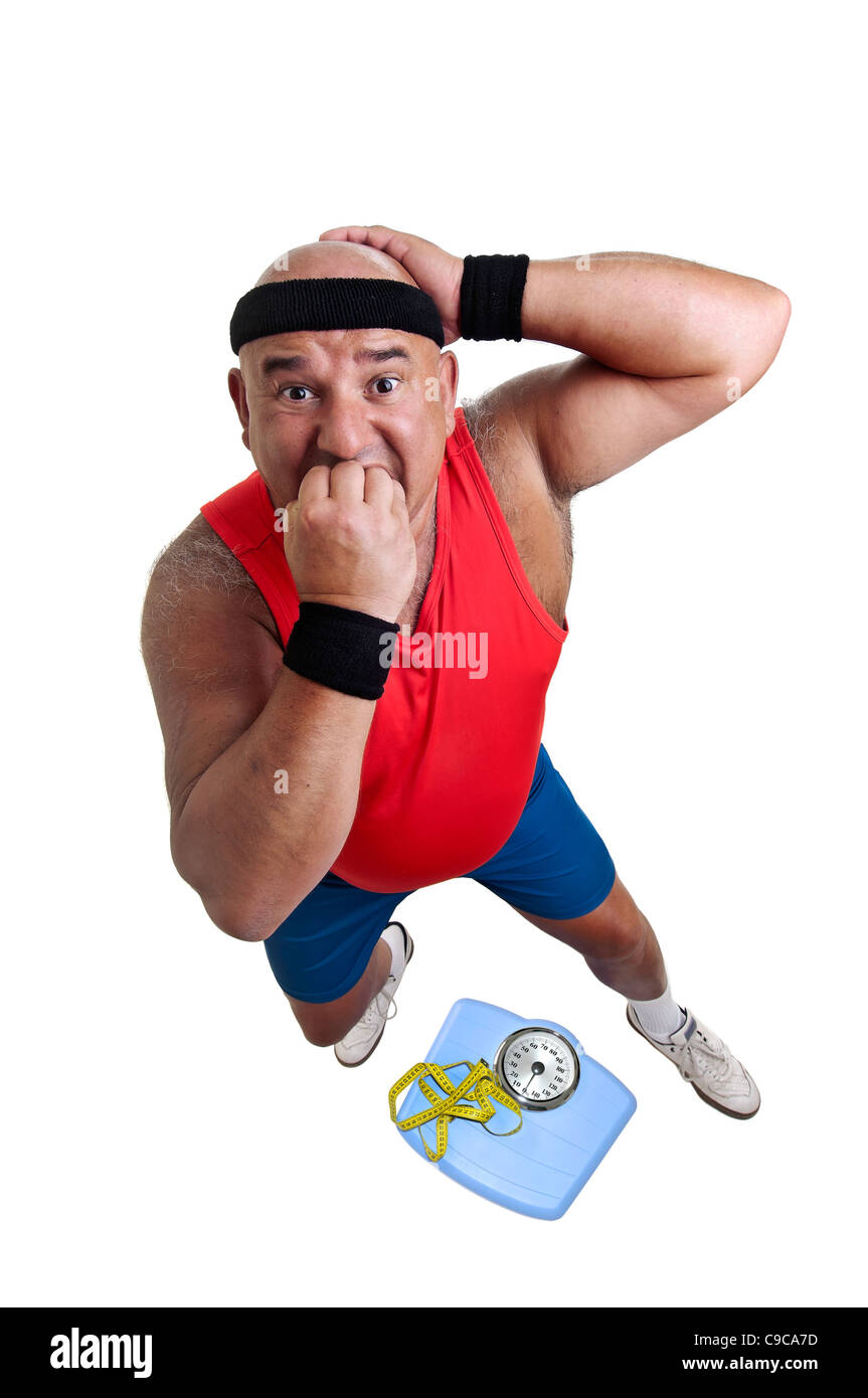 Large fitness man with weight scale isolated in white Stock Photo - Alamy