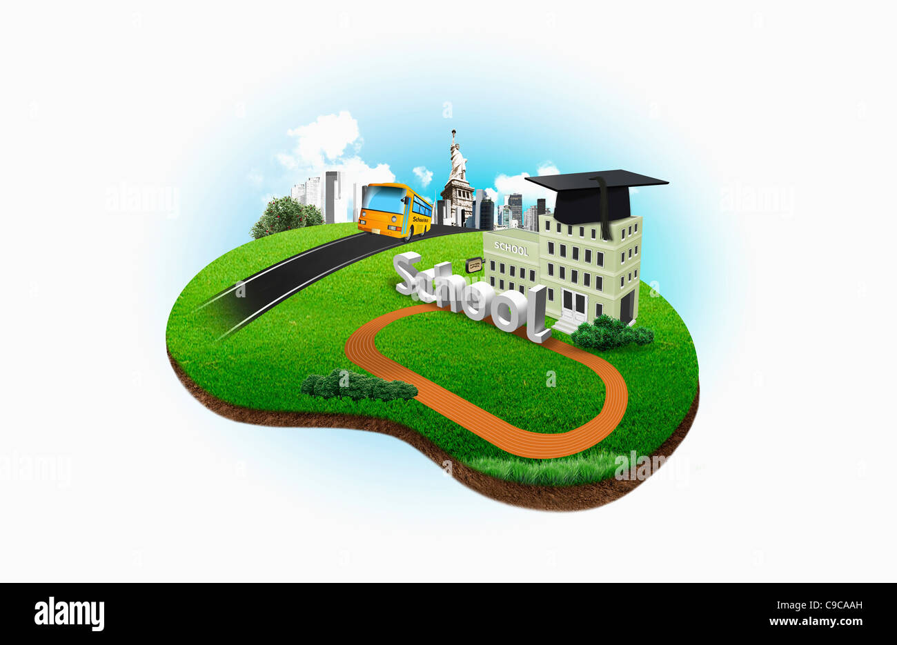 School with a school building and a shuttle bus Stock Photo - Alamy