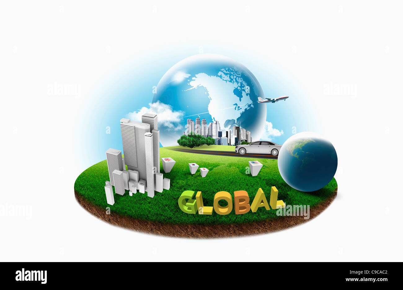 Global with building and globes Stock Photo - Alamy
