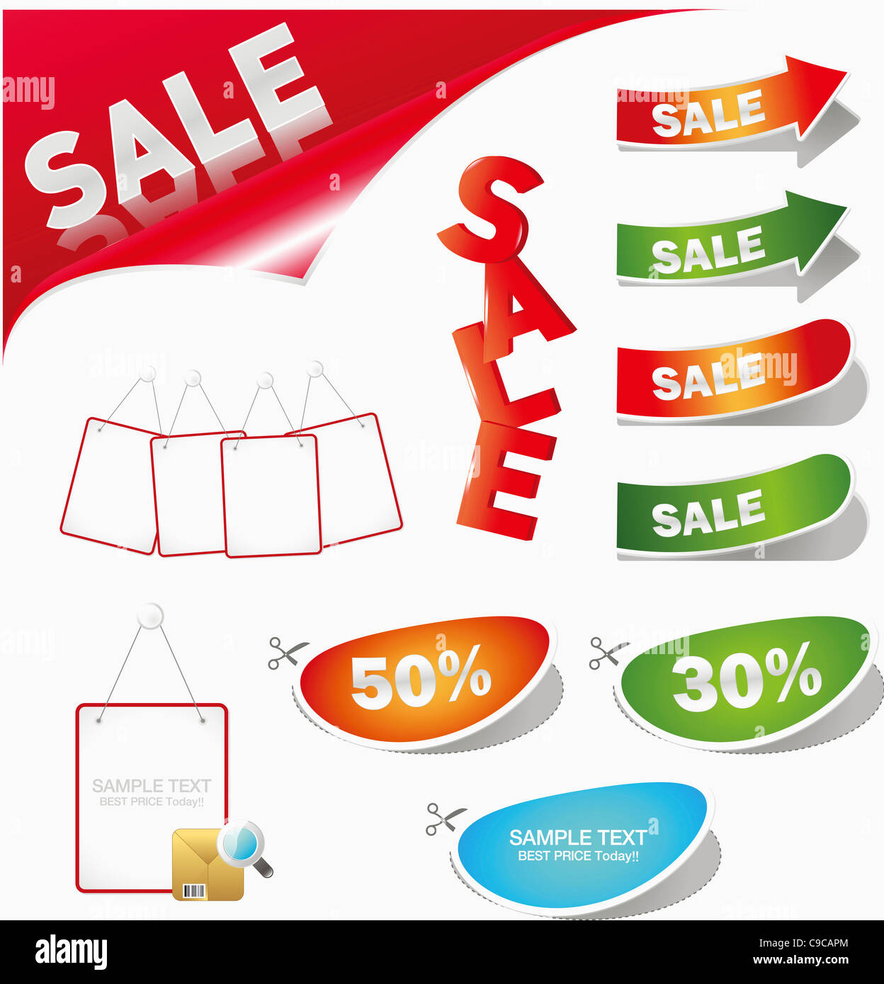 Various icons for sale in red, green and blue Stock Photo - Alamy