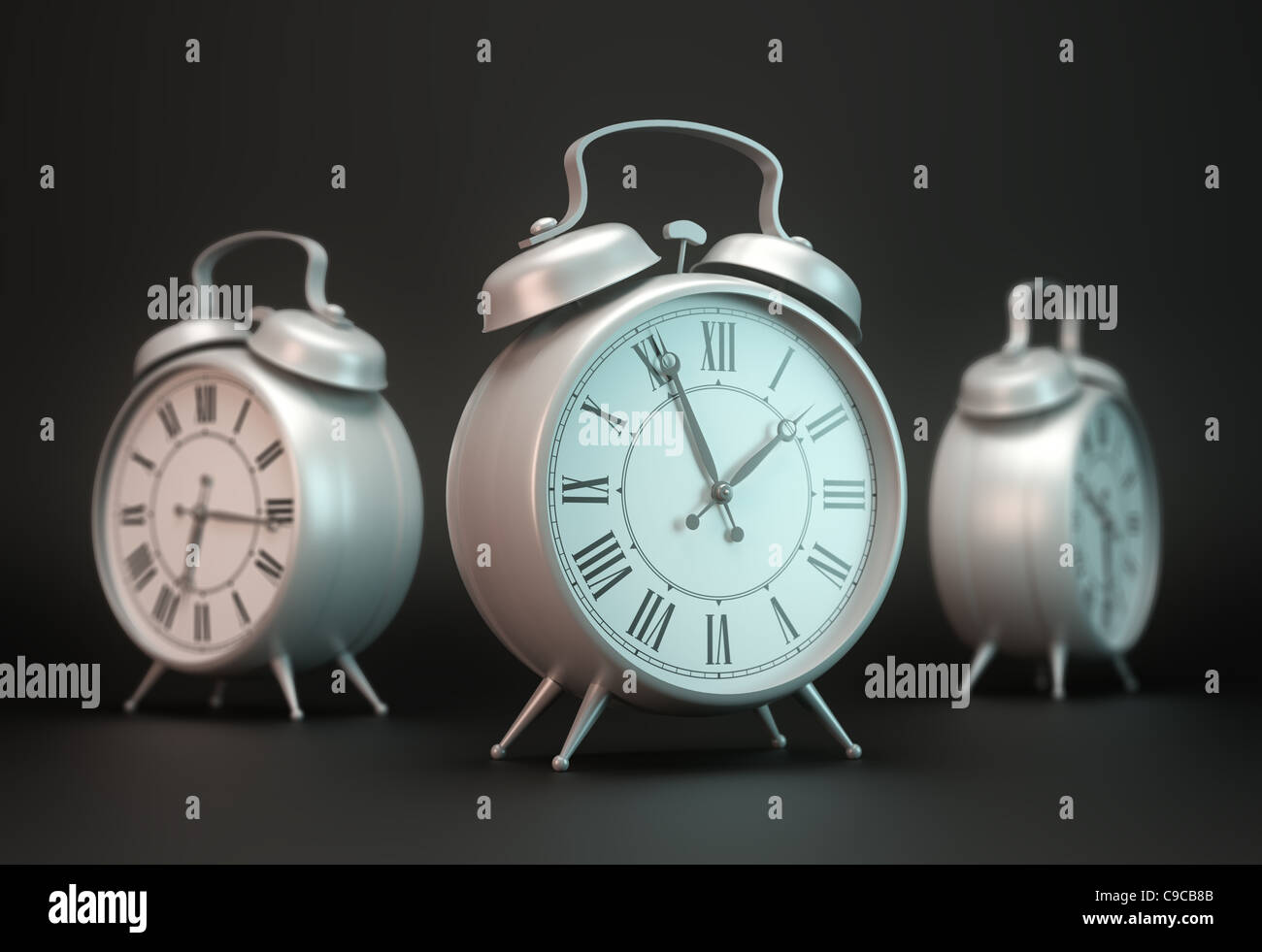 Three alarm clocks - Time passing concept illustration Stock Photo - Alamy