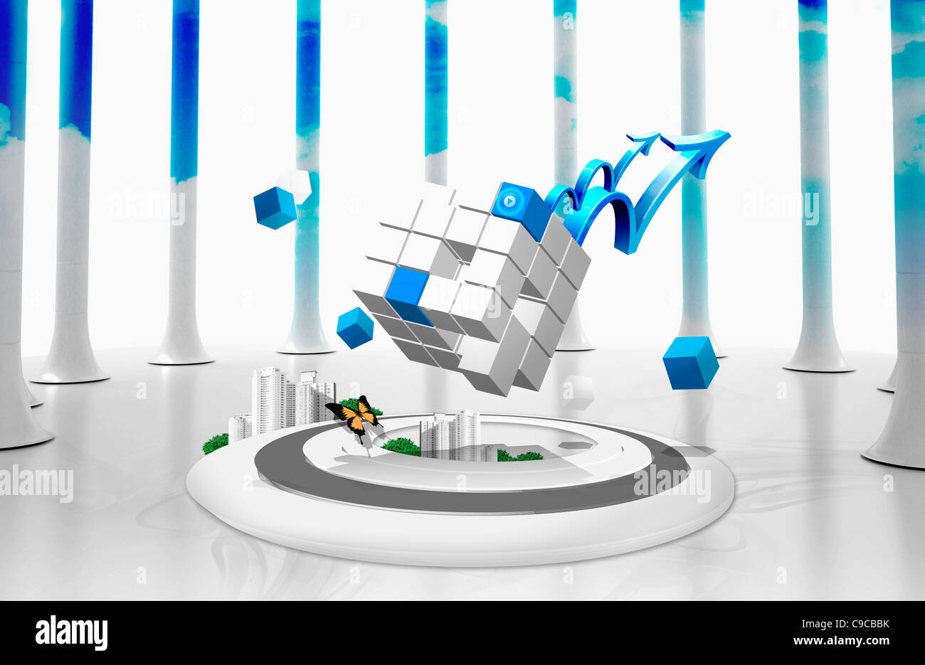 Blocks of white and blue cubes and arrows Stock Photo - Alamy