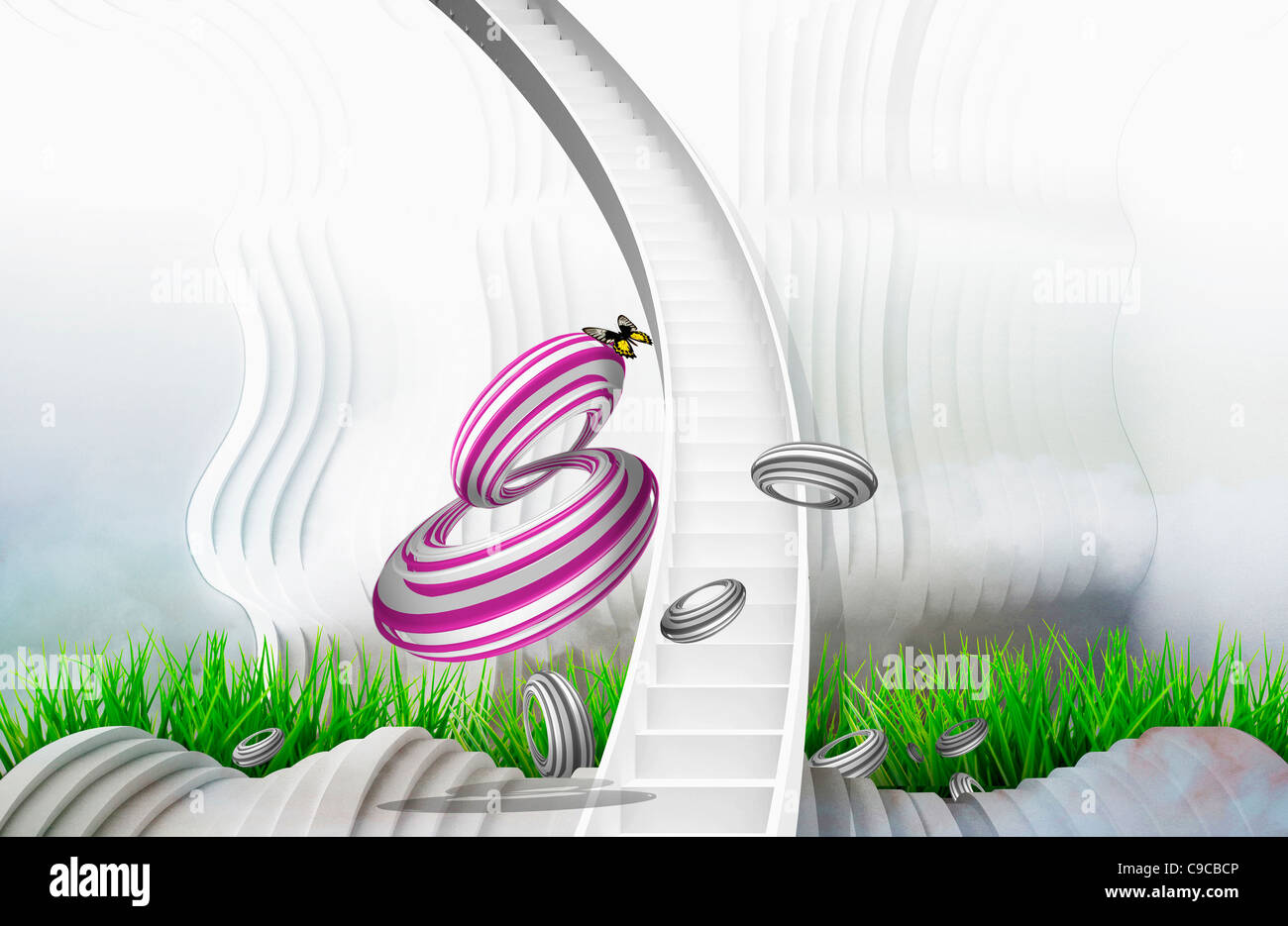 Flying round objects and stairs leading up Stock Photo - Alamy