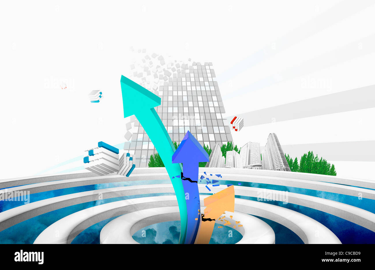 Building of blocks and broken arrows going up Stock Photo - Alamy
