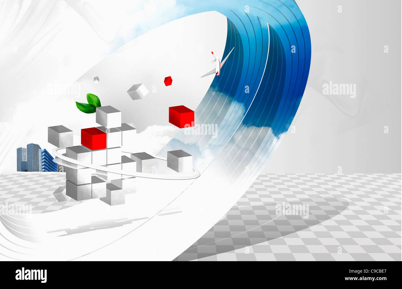 Blocks of white and red cubes and an airplane Stock Photo - Alamy