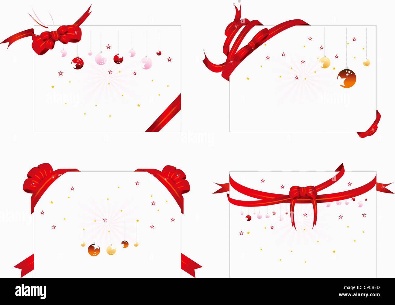 Various rectangle postcards with red ribbons and stars Stock Photo - Alamy