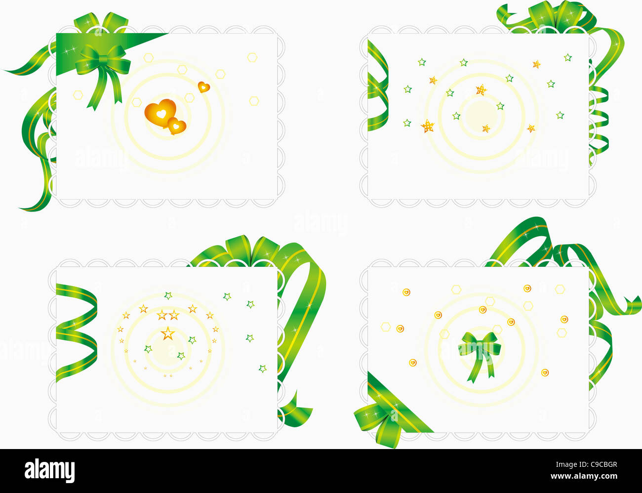 Various rectangle postcards with green ribbons Stock Photo - Alamy