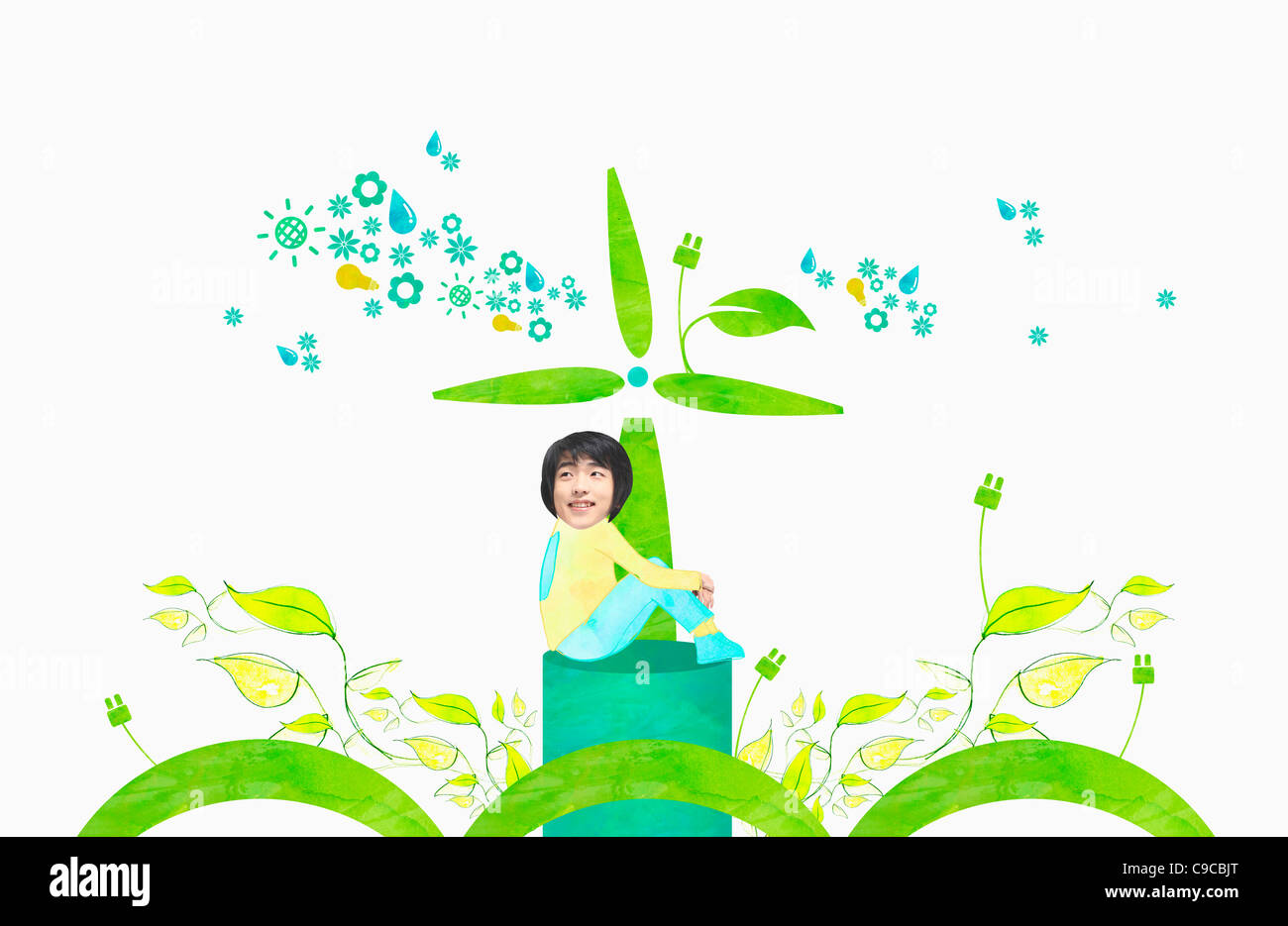 green energy with a man and wind genertor Stock Photo - Alamy