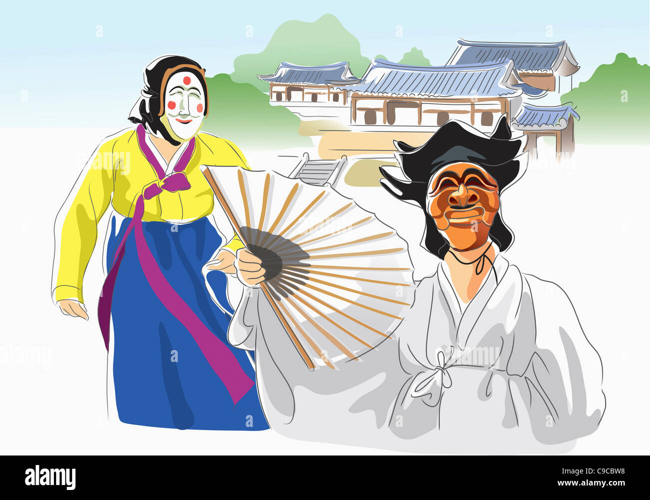 Drawing of a Korea traditional mask dance Stock Photo - Alamy