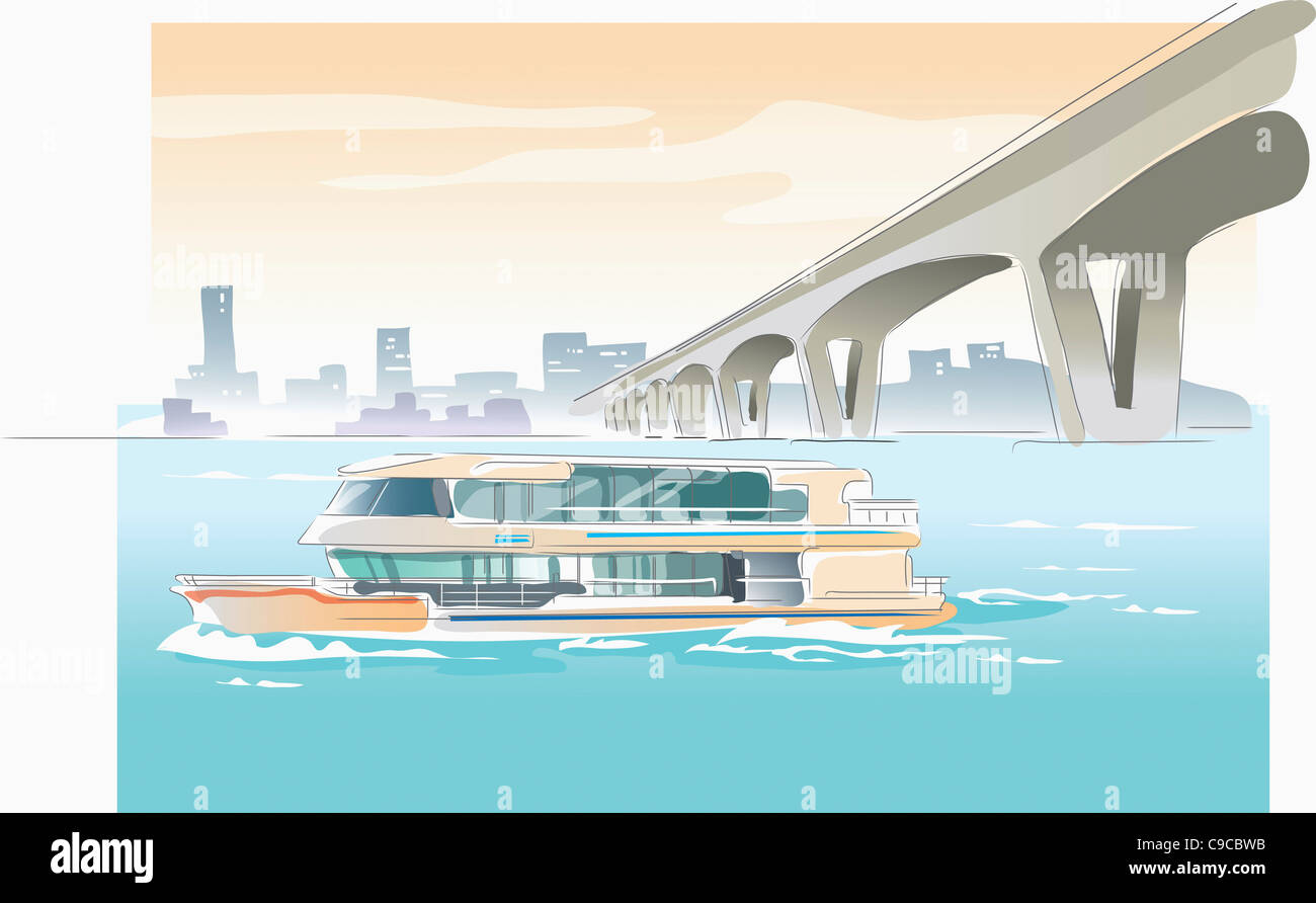 Drawing of a Korea Han river and a cruise ship Stock Photo - Alamy
